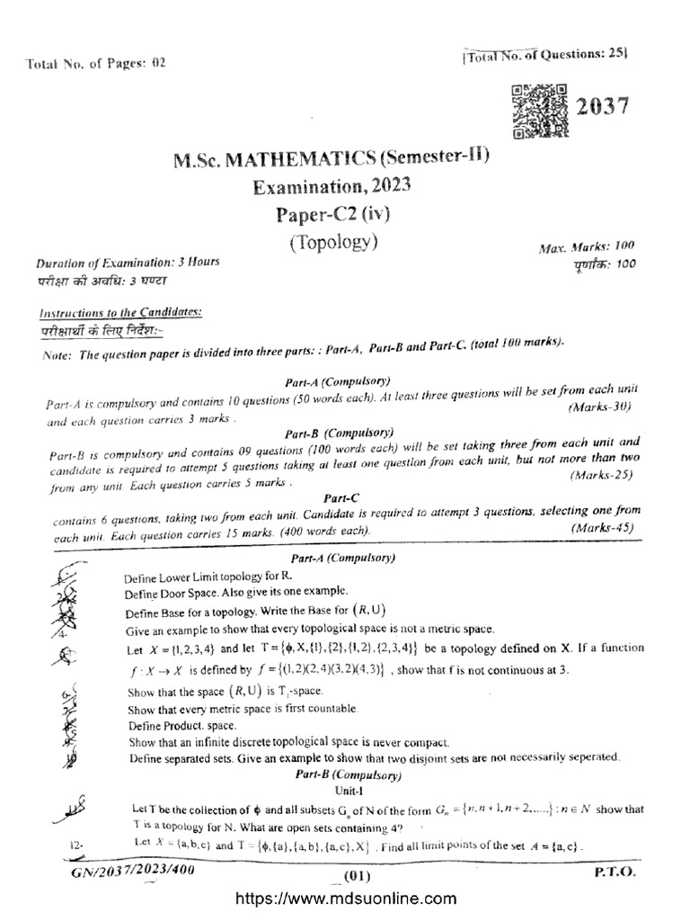 Msc 2 Sem Mathematics p4 Topology 2037 2023 | PDF