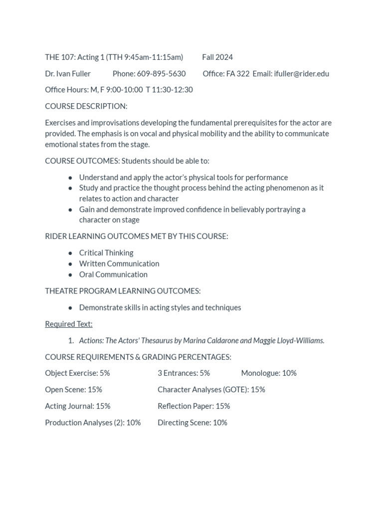 Acting Fundamentals Course Syllabus | PDF | Academic Dishonesty