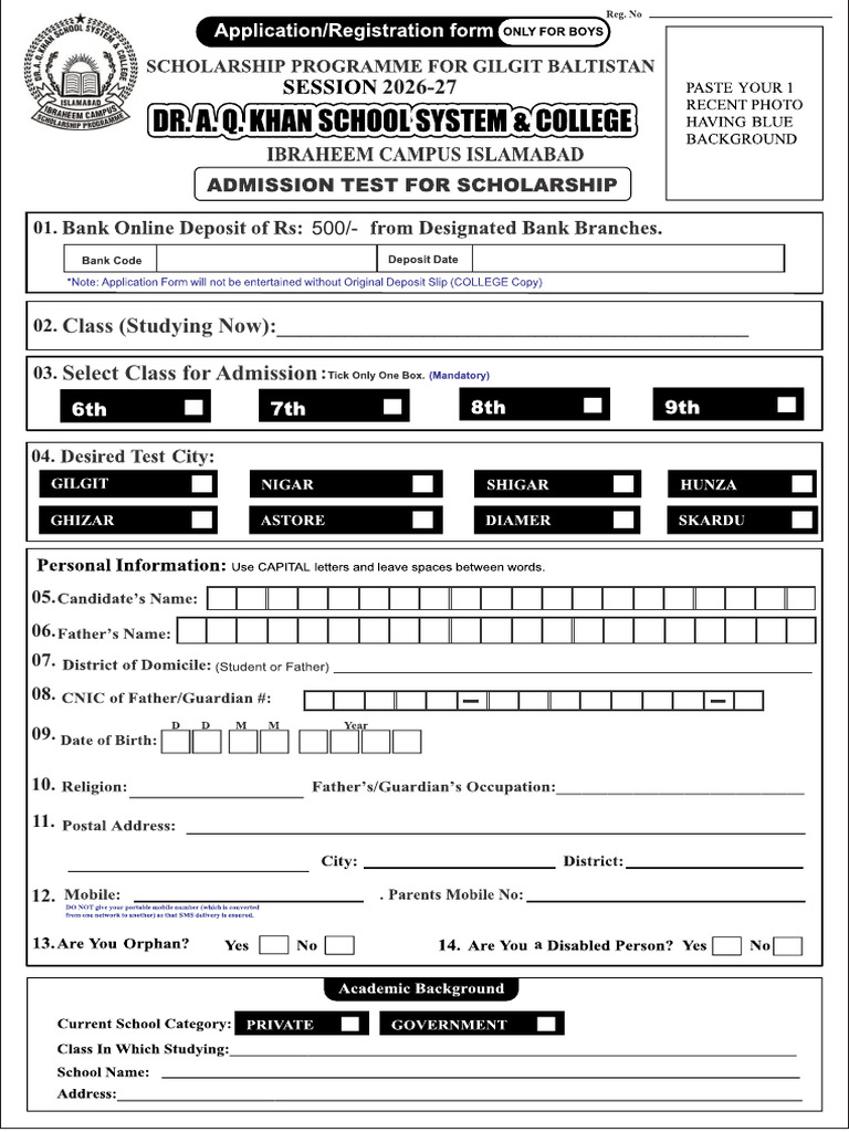 Admission Class Selection Form 2026-27 | PDF