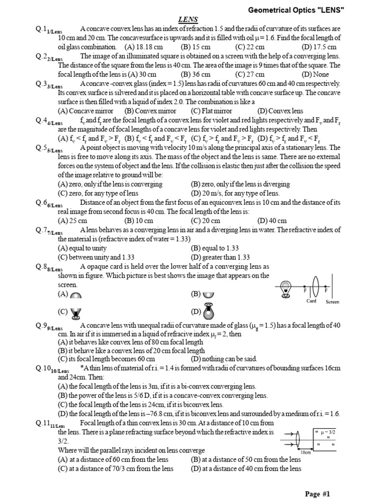 Ray Optics Lens - (1 To 50) | PDF | Atomic | Electrodynamics