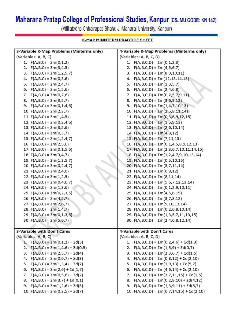 Practice Sheet - KMAP Minterm Questions | PDF | Chess Theory | Chess