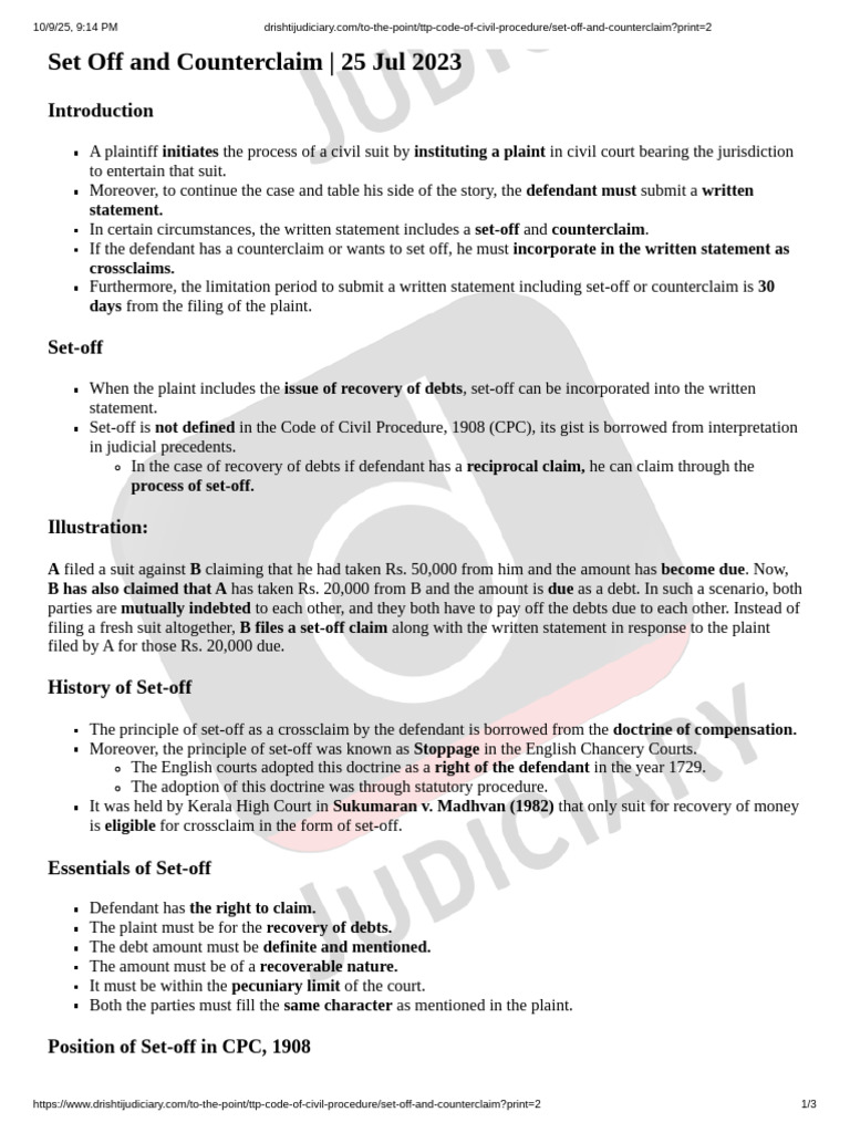 To The Point - TTP Code of Civil Procedure - Set Off and Counterclaim ...