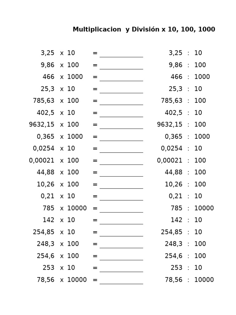 Multiplicación y División por 10, 100, 1000 | PDF