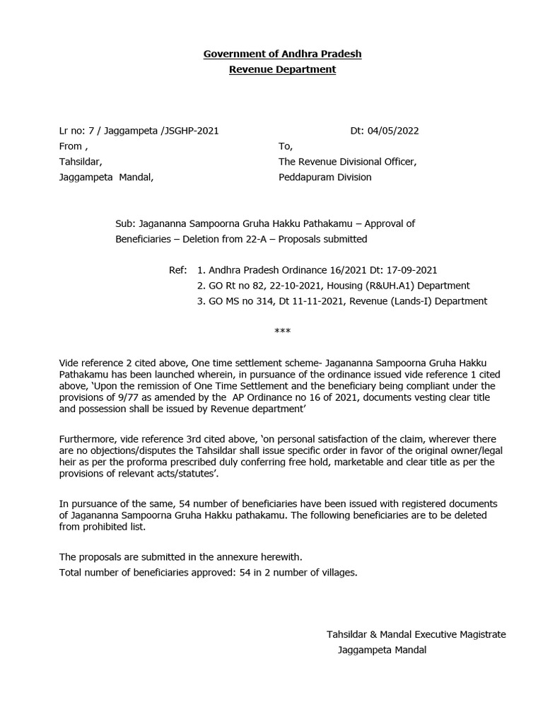 Annexure 22 a Tahsildar Letter | PDF