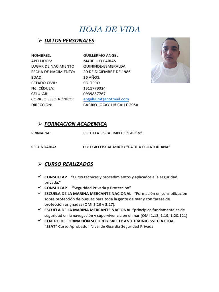 Hoja de Vida Marcillo FARIAS Guillermo | PDF