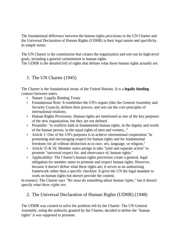 UN Charter vs. UDHR: Key Differences | PDF | Human Rights | Treaty
