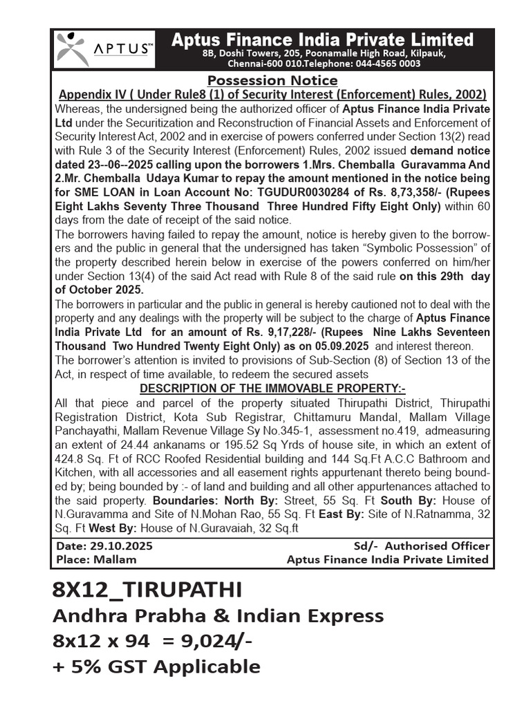 Possession Notice by Aptus Finance India | PDF | Environmental Law ...