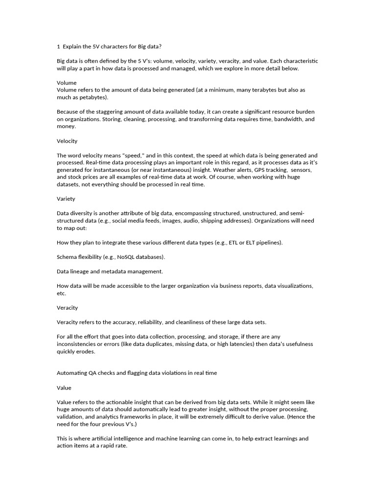 1 Explain The 5V Characters For Big Data | PDF | Big Data | Data