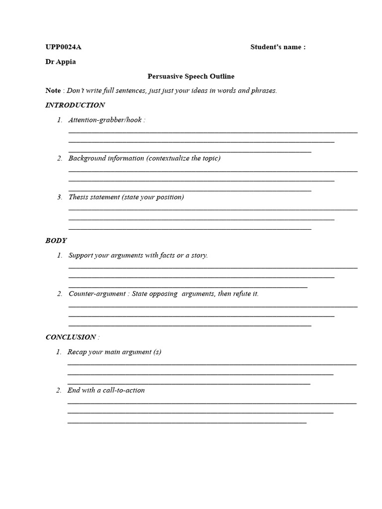 UPP0024A Persuasive Speech Outline | PDF