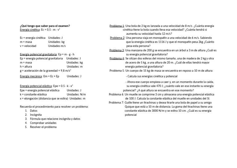 Ficha Fórmulas y Problemas Primer Tema | PDF | Energía potencial | Gravedad
