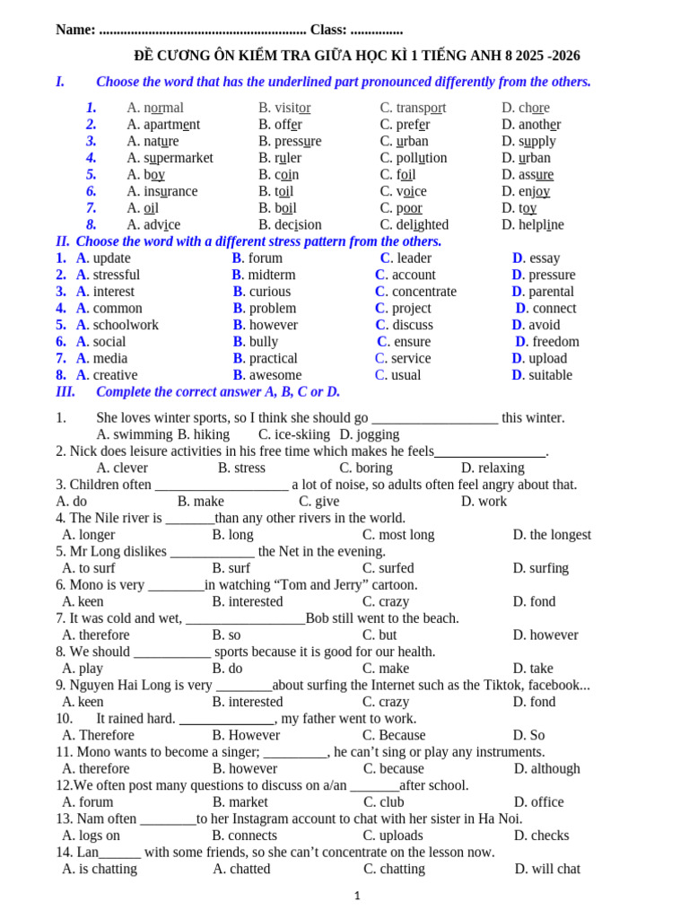English 8 Midterm Exam Review 2025-2026 | PDF | Adolescence | Hobbies