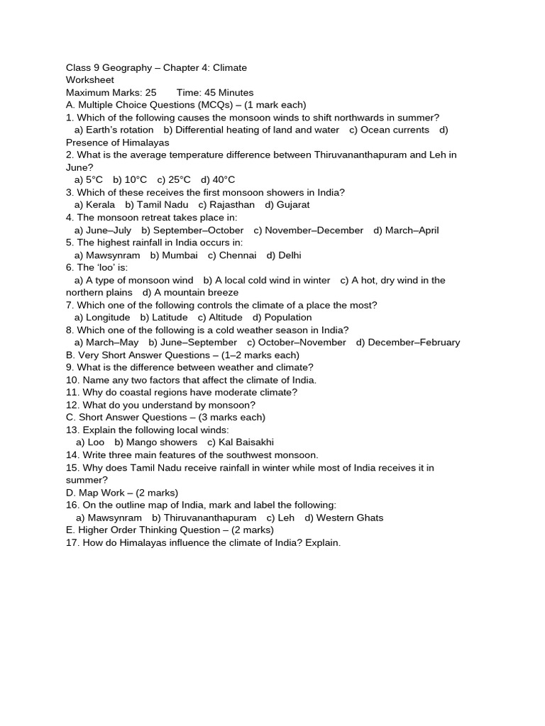 Class 9 Geography - Chapter 4 - Climate | PDF