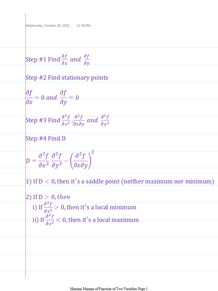 Maxima Minima of Function of Two Variables | PDF
