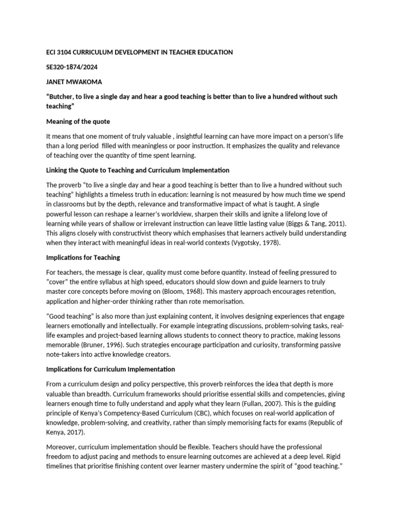 Eci 3104 Curriculum Development in Teacher Education Quote | PDF ...