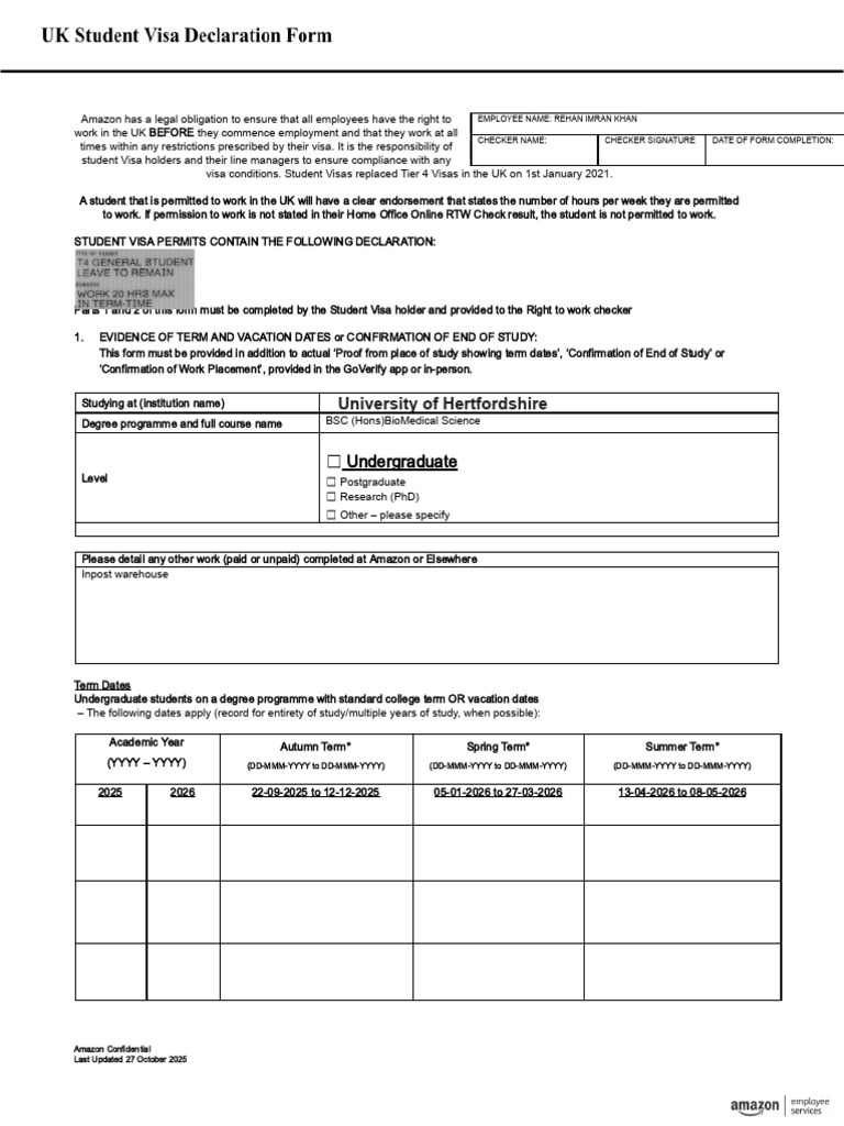 UK Student Declaration Form 2025.Docx (2) | PDF | Travel Visa