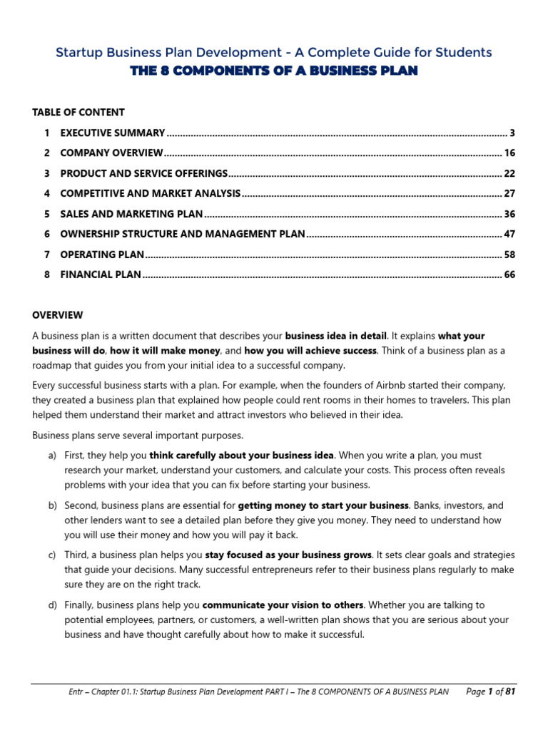 Entr w3 Chapter 01.2 Business Plan - The 8 Components Student Handout ...
