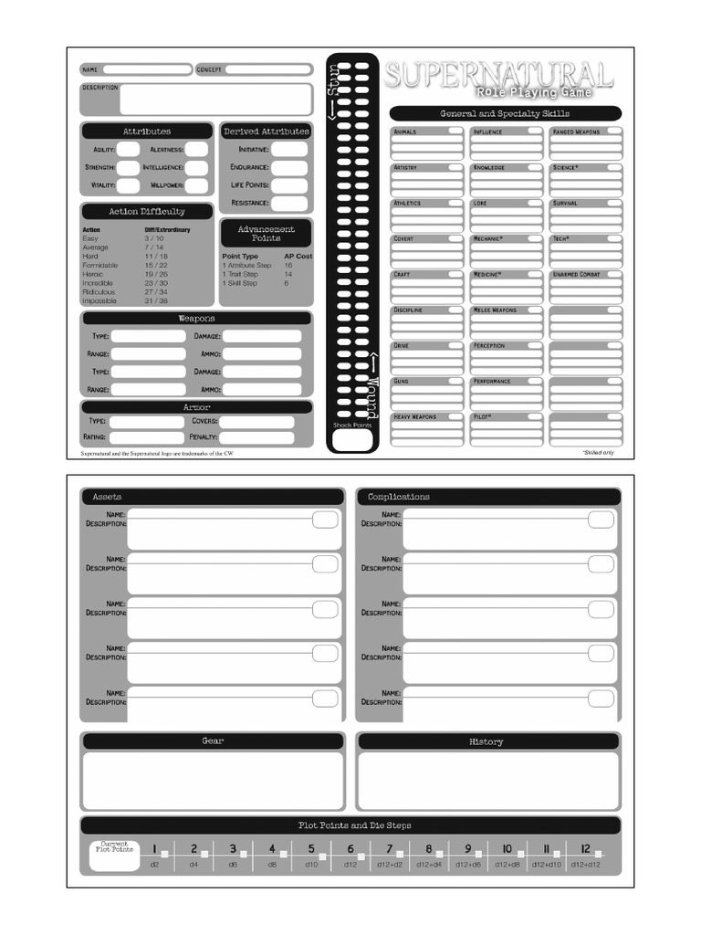 Supernatural Editable PDF Doc Hub OG CORTEX Character Sheets | PDF