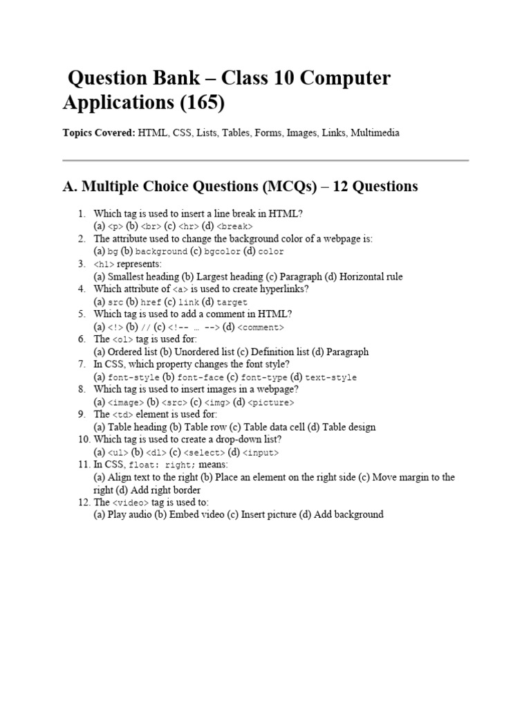 Question Bank - Class 10 Computer Applications | PDF | Html Element ...