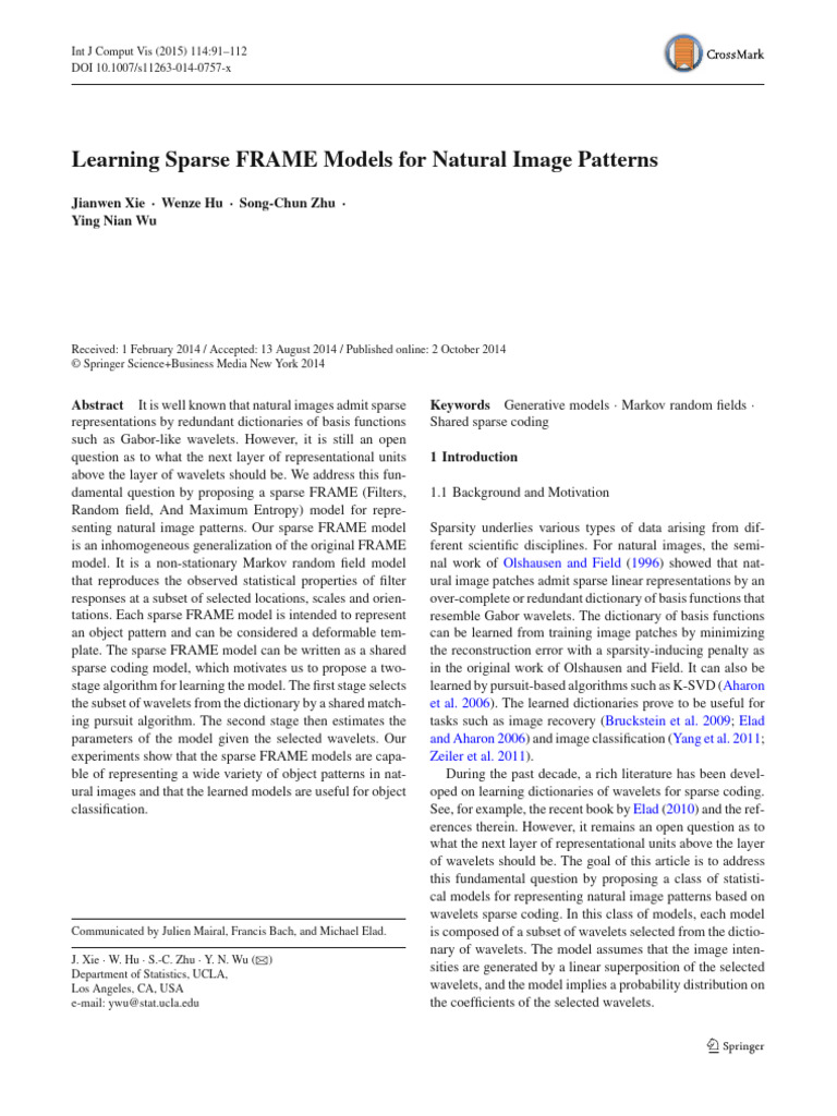 Learning Sparse FRAME Models For Natural Image Patterns | PDF | Wavelet | Basis (Linear Algebra)