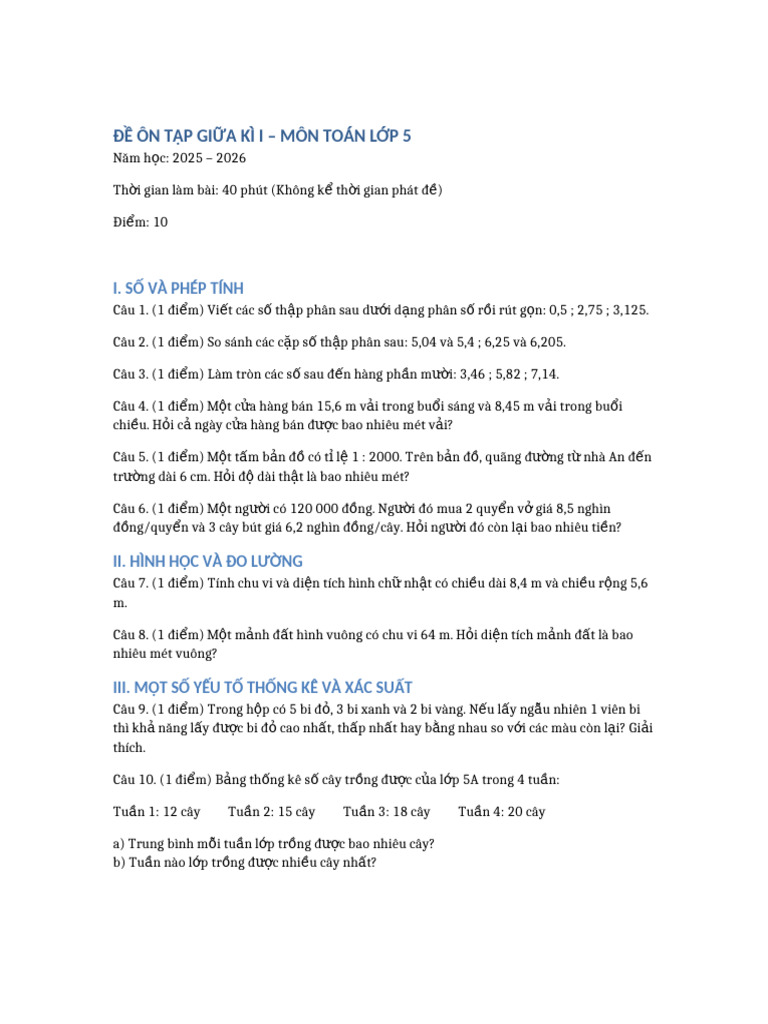 De On Tap Toan Lop 5 Giua Ki I | PDF