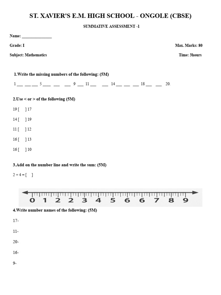 Grade 1 Mathematics Assessment Paper | PDF