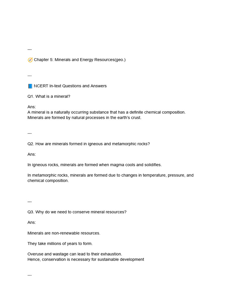 Class 10 SST ch-5Q-A in Geo. | PDF | Rock (Geology) | Minerals