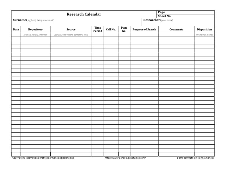 Genealogy Research Calendar Template | PDF
