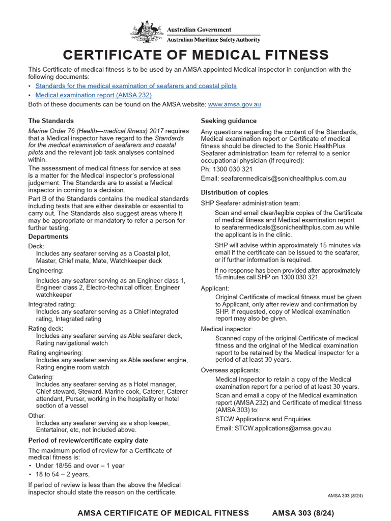 Amsa Form 303 Certificate of Medical Fitness | PDF | Sailor