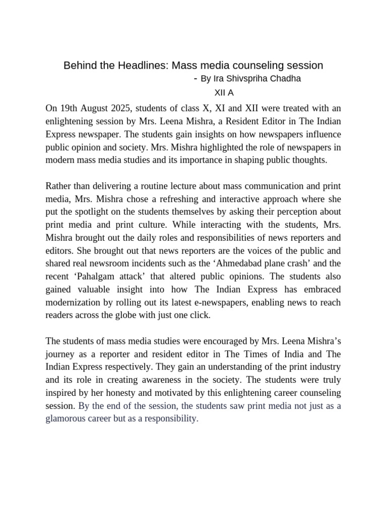 Behind The Headlines - Mass Media Counseling Session | PDF