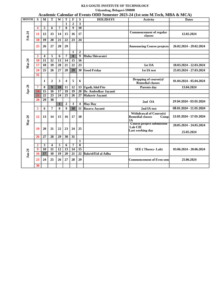 Academic Calendar of Events ODD Semester 2023 24 | PDF | Religious ...