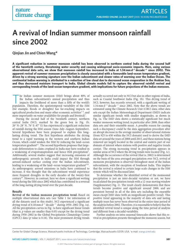 A Revival of Indian Summer Monsoon Rainfall Since 2002 | PDF | Monsoon ...
