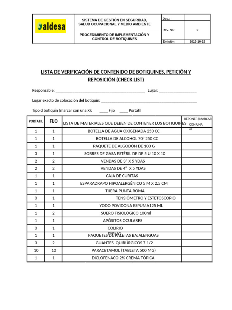 Modelo Inspección Botiquines | PDF