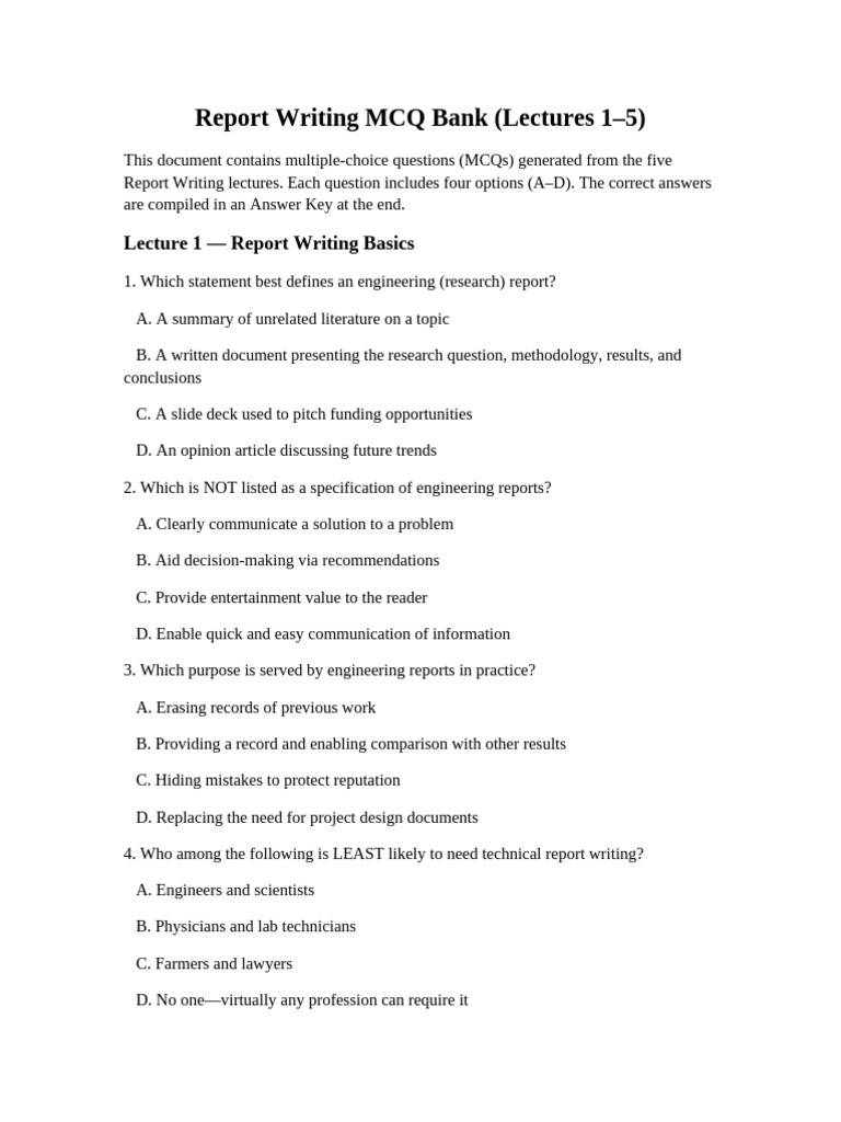 Report Writing MCQ Bank: Lectures 1-5 | PDF | Multiple Choice | Data