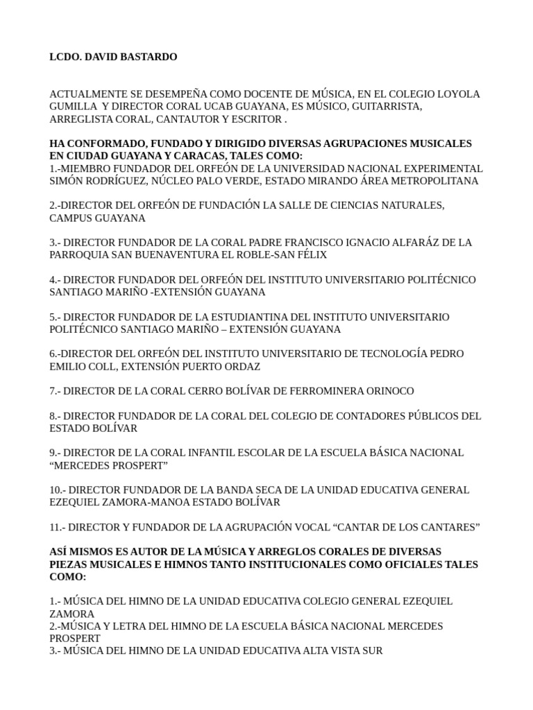 Resumen Artistico Actualizado David J Bastardo | PDF | Musicología ...