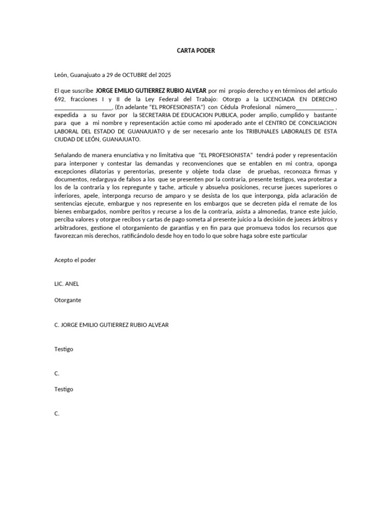 Carta Poder Laboral | PDF