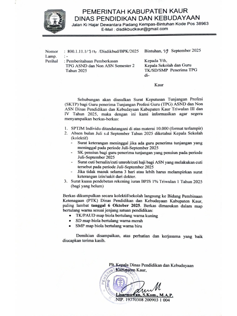 Surat Pemberkasan Tpg Tw III Dan IV 2025_kaur[1] | PDF