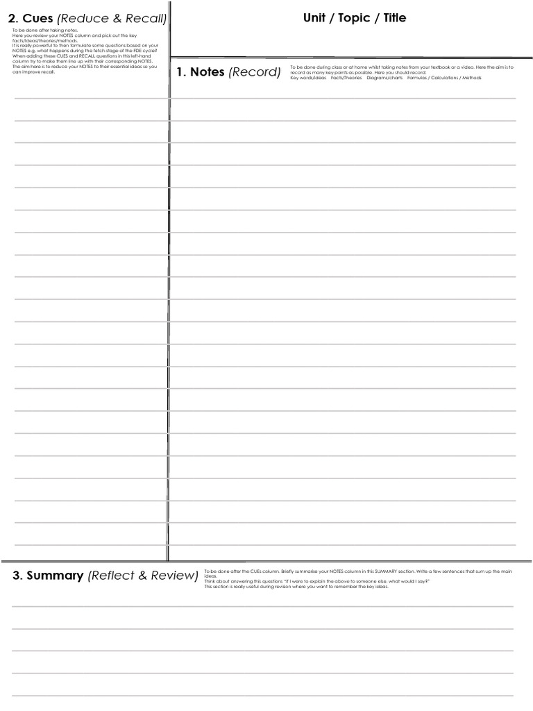 Cornell Note Taking - Page Template Lined | PDF