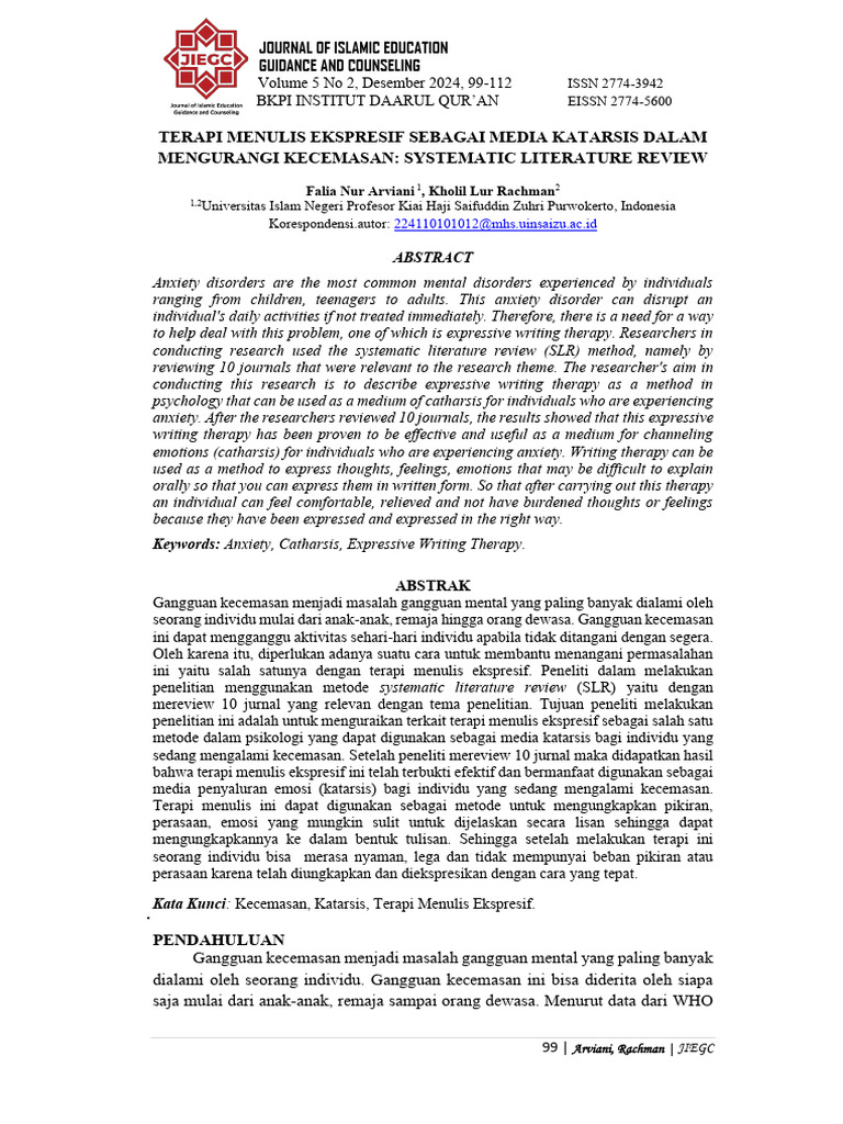 Terapi Menulis Ekspresif Sebagai Media Katarsis Dalam Mengurangi Kecemasan: Systematic ...