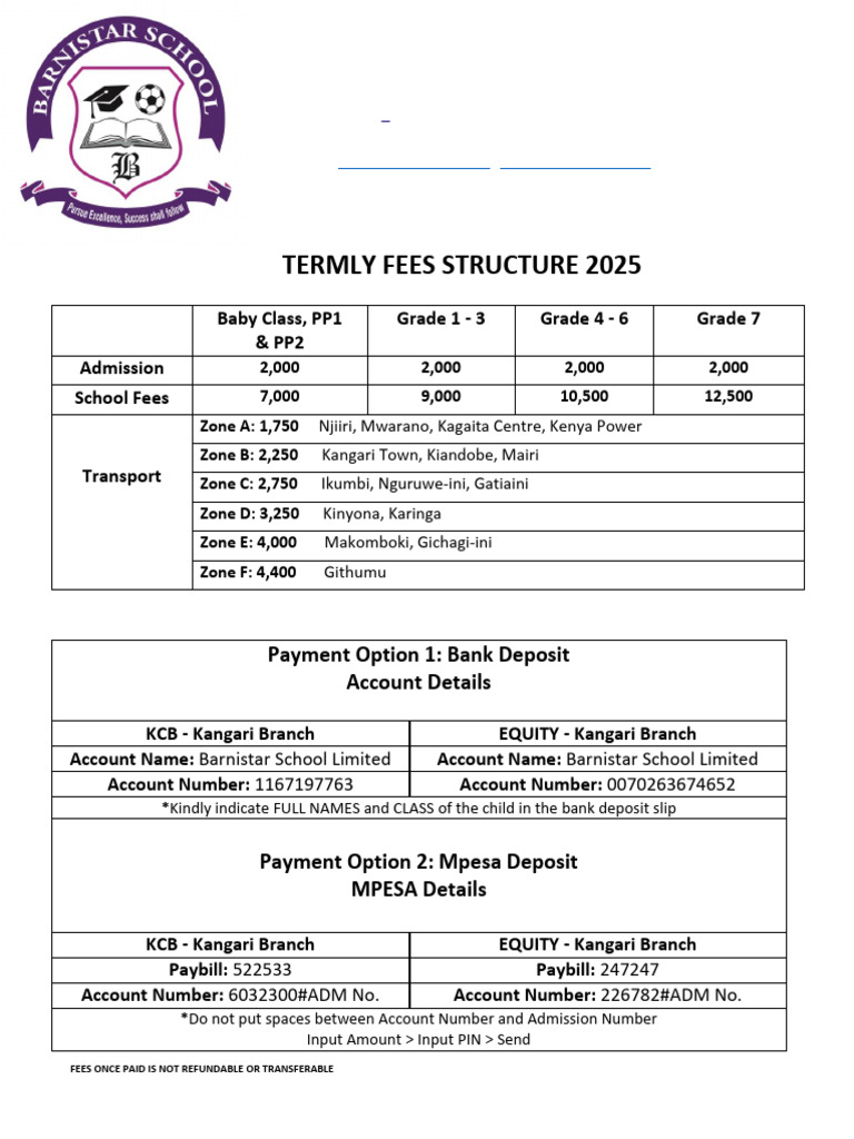 Barnistar School Termly Fees 2025 | PDF