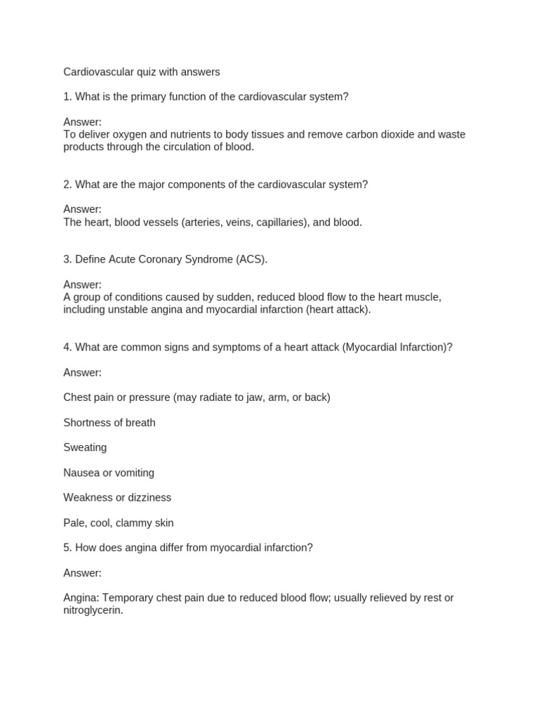 Cardiovascular Quiz With Answers | PDF | Circulatory System ...