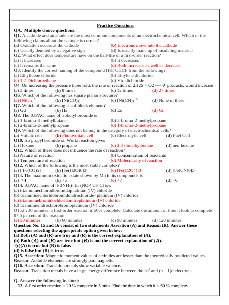 Practice Ques | PDF | Coordination Complex | Chemical Reactions