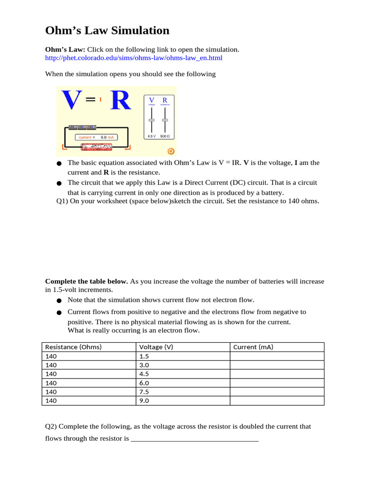 OhmsLaw Phet-Simulation | PDF | Electrical Network | Electric Current