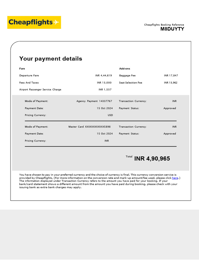 Payment Details for Cheapflights Booking | PDF