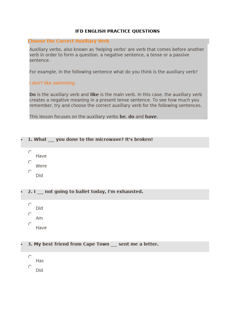 Auxiliary Verb Practice Questions | PDF | Noun | Adverb