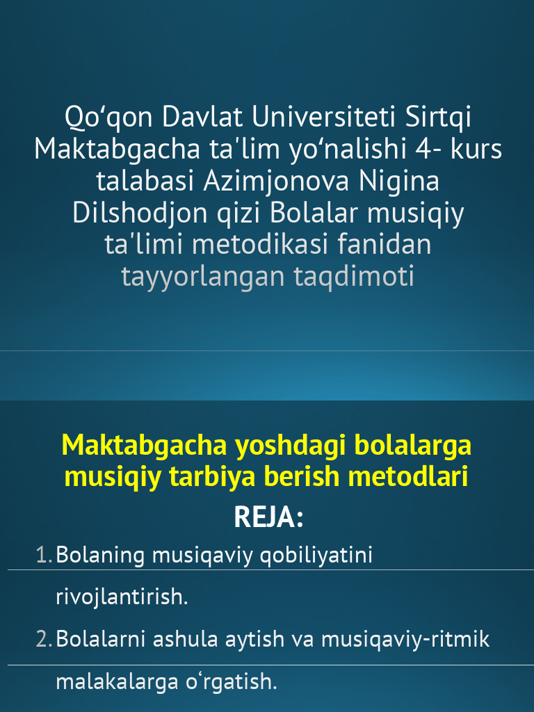 Maktabgacha Yoshdagi Bolalarga Musiqiy Tarbiya Berish Metodlarii - PPTX ...
