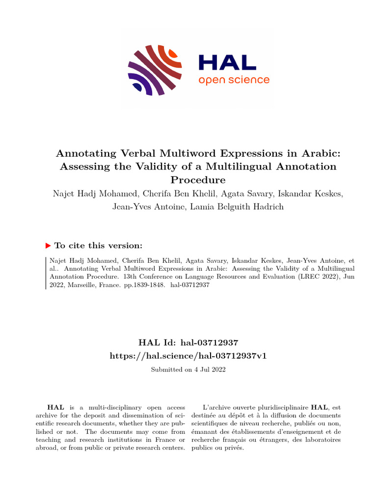 Hadj Mohamed Et Al 2022 LREC Published Version | PDF | Verb | Word