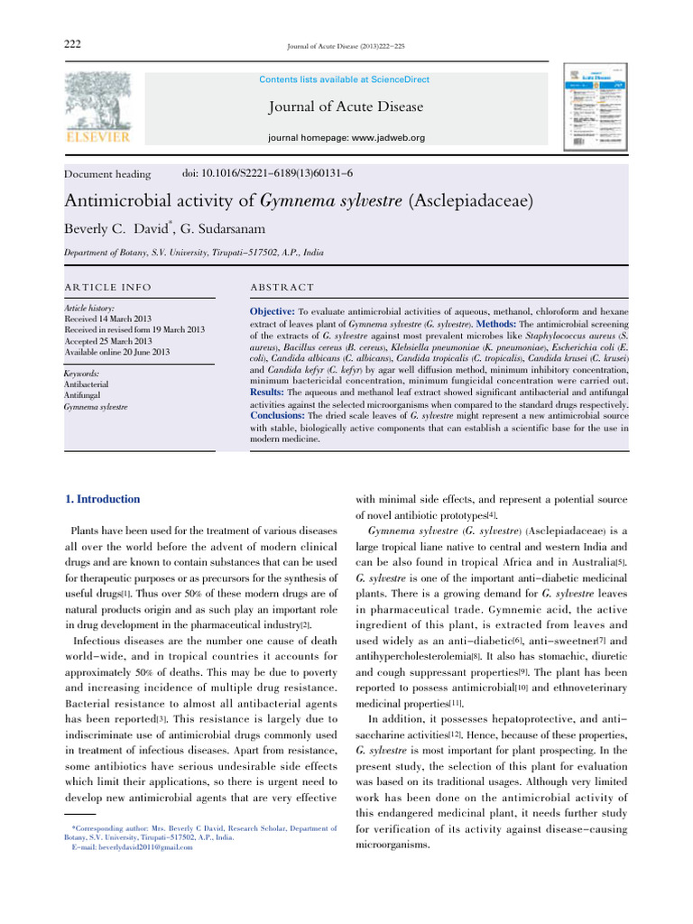Antimicrobial Activity of Gymnema Sylvestre (Asclepiadaceae) CMI ...
