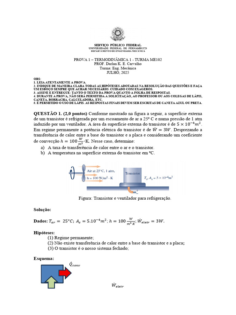 Prova de Termodinâmica 1 - ME102 | PDF | Calor | Transferência de calor