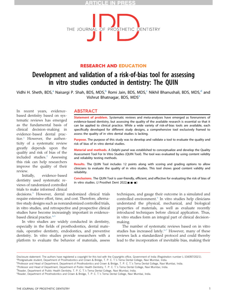 QUIN Tool: Assessing In Vitro Study Bias | PDF | Validity (Statistics ...